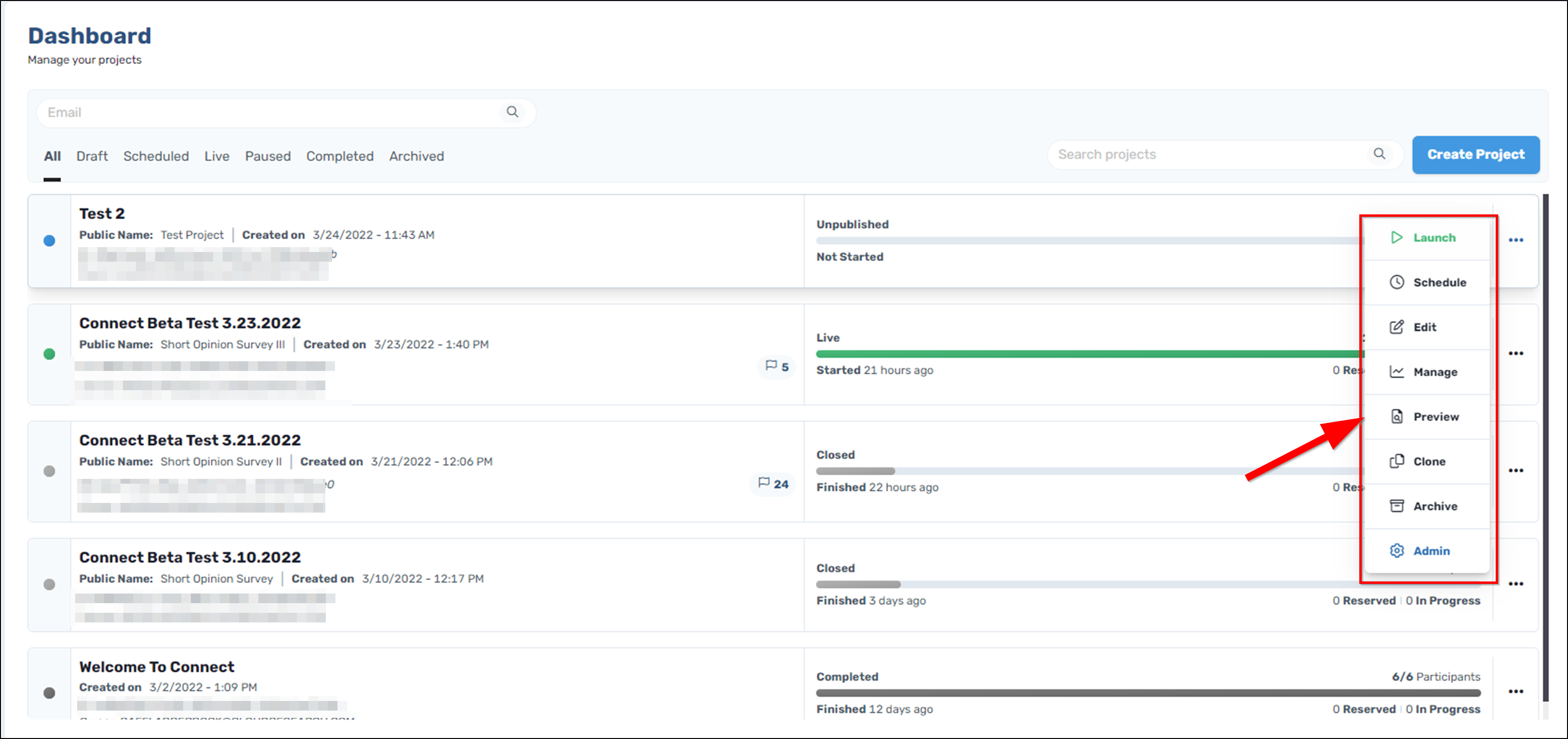 Preview a Project – Connect - Researcher
