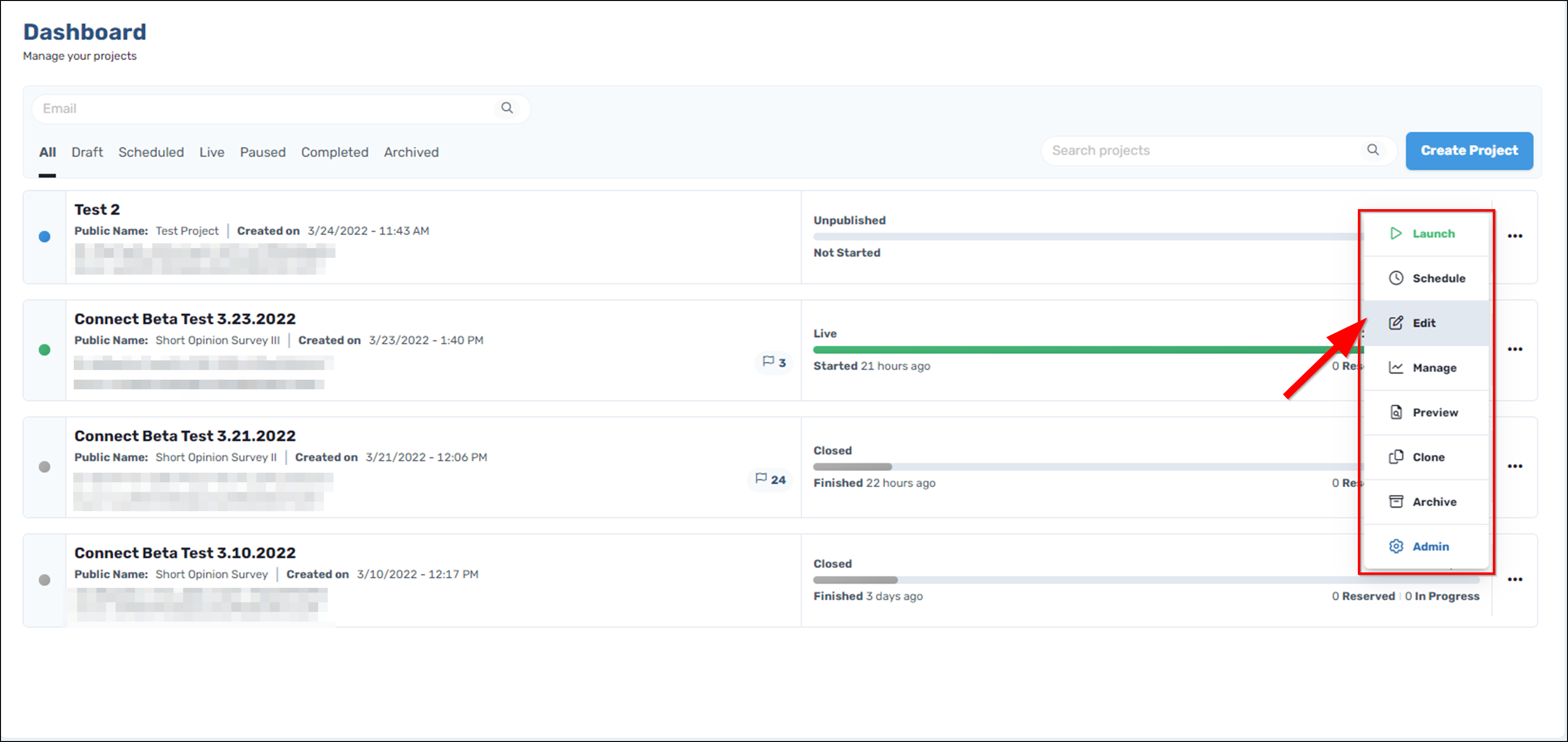 Edit a Project – Connect - Researcher