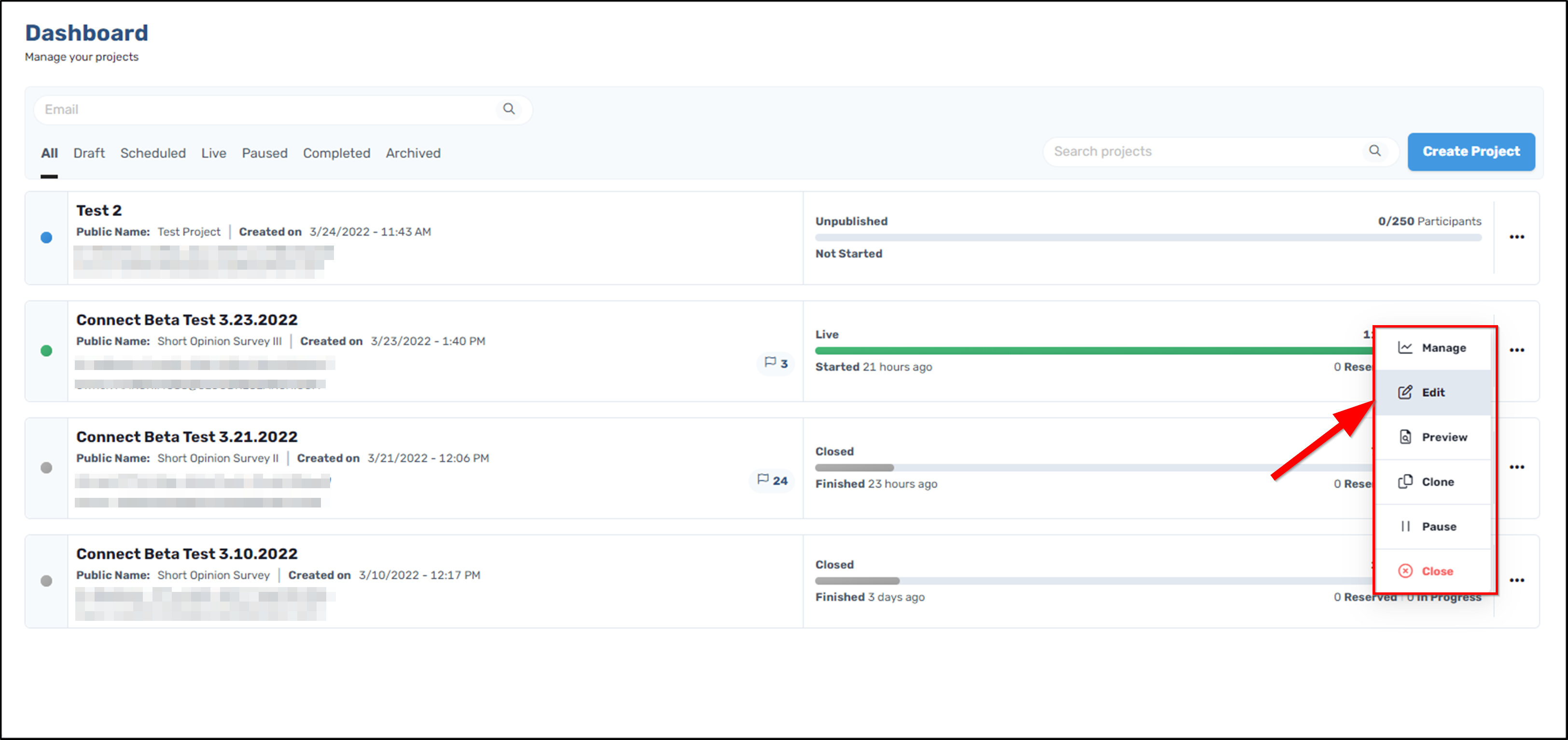 Edit a Project – Connect - Researcher